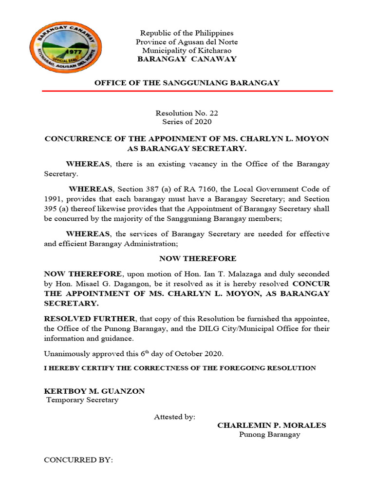 Appointment Resolutions for Barangay Secretary | PDF | Governance ...
