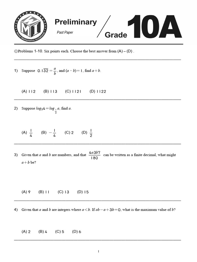 WMI Grade 10 Questions Part 1 | PDF | Applied Mathematics | Arithmetic