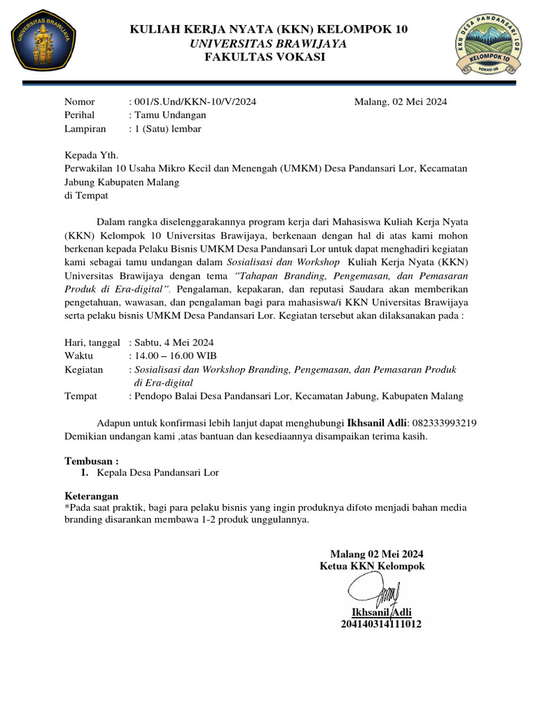Surat Undangan Sosialisasi & Workshop Branding UMKM Desa Pandansari Lor ...