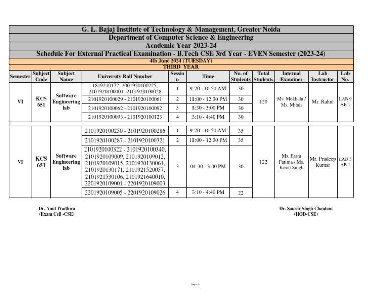 (CSE - 4th June) External Practical Schedule - B Tech CSE 3rd Year Even Sem 2023-24 | PDF ...