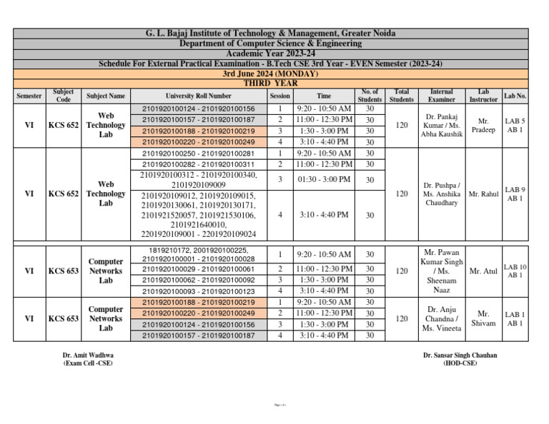 (CSE - 3rd June) External Practical Schedule - B Tech CSE 3rd Year Even Sem 2023-24 | PDF ...