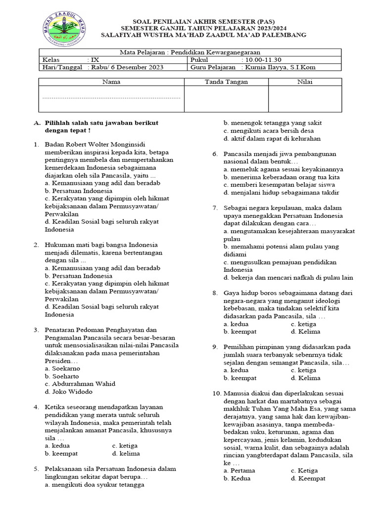 Soal PAS PKN 9 | PDF | Filsafat
