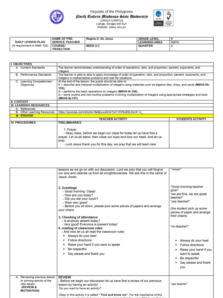 DEPED LESSON PLAN FORMAT Regine.. | PDF | Multiplication | Numbers
