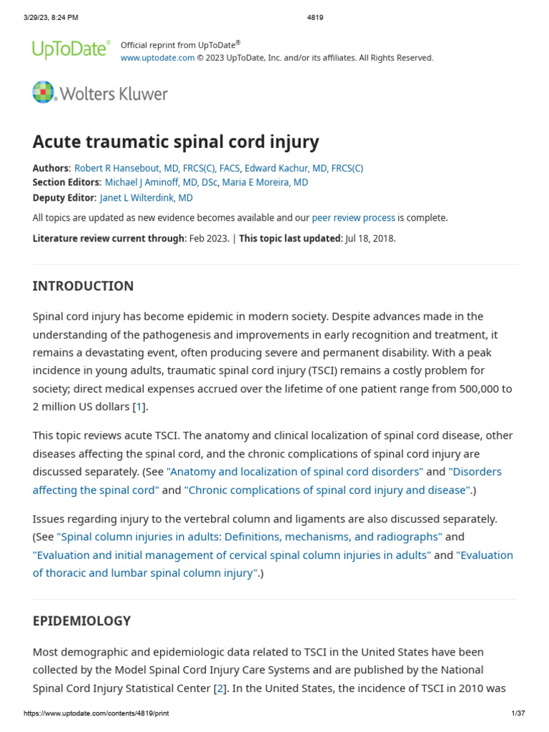 Acute Traumatic Spinal Cord Injury | PDF | Vertebral Column | Spinal Cord Injury