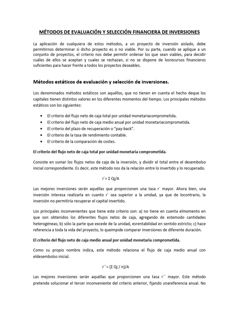 Métodos de Evaluación y Selección Financiera de Inversiones | PDF | Tasa interna de retorno ...