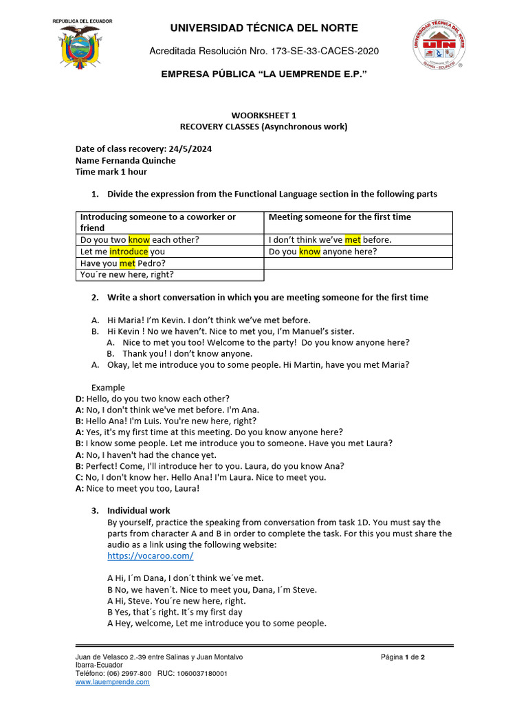 Asynchronous Class - Lesson 1.3 (Worksheet) | PDF