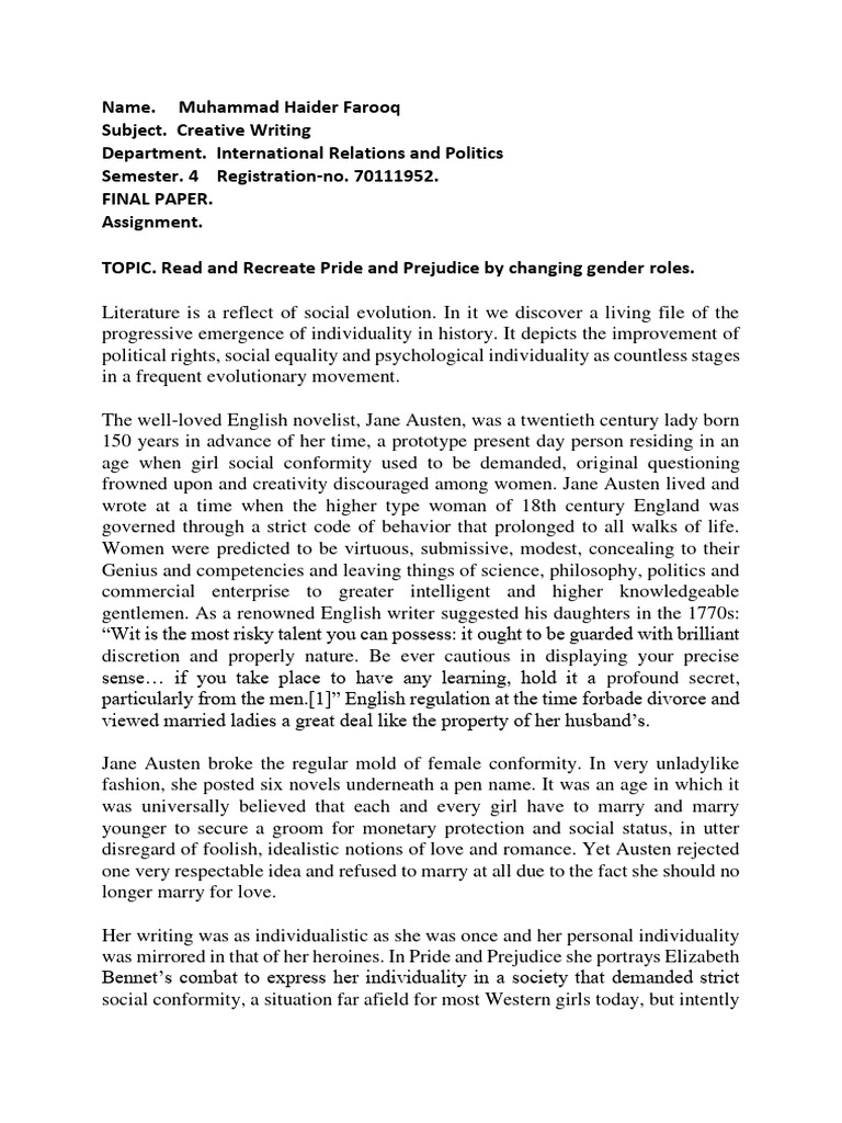 Creative Writing Final Project. | PDF | Mr. Darcy | Jane Austen