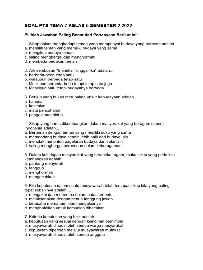 Soal PTS Tema 7 Kelas 5 Semester 2 2022 | PDF