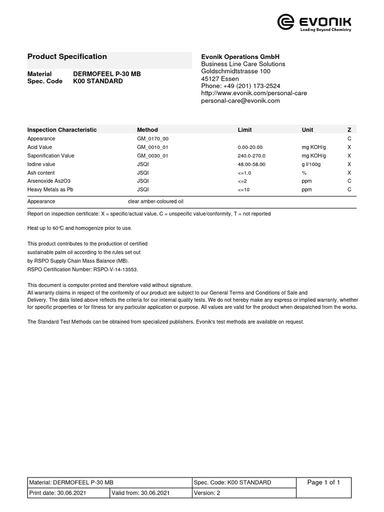 Evonik Dermofeel P30 MB - Spec | PDF | Chemistry | Chemical Substances