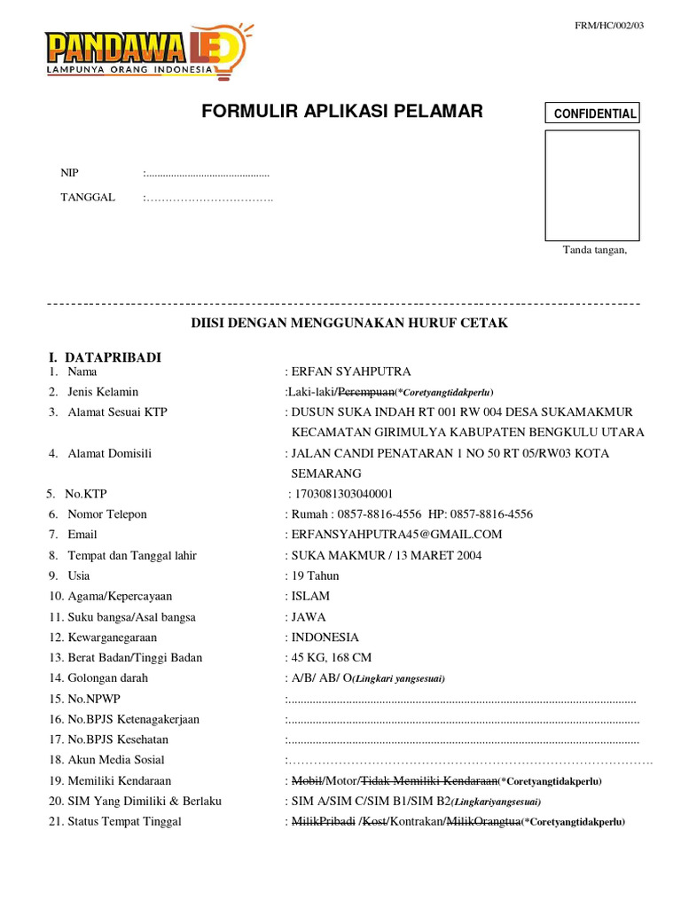 Form 001 Aplikasi Pelamar PT Pandawaled Indonesia | PDF