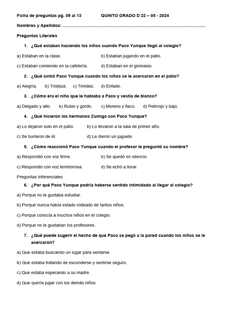 Preguntas sobre Paco Yunque en 5to grado | PDF