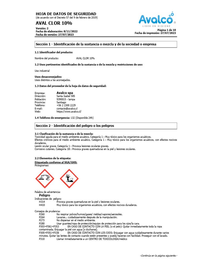 T006 - AVAL CLOR 10% (Español-CL) | PDF | Agua | Cloro