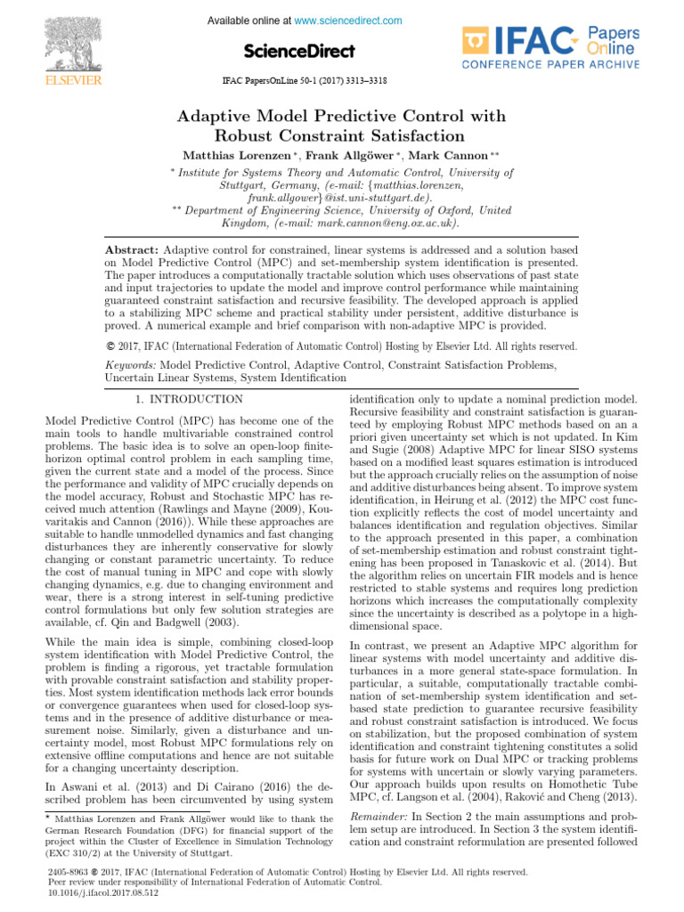 Adaptive Model Predictive Control With Robust Constraint Satisfaction Pdf Computational