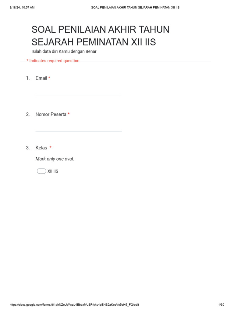 SOAL PENILAIAN AKHIR TAHUN SEJARAH PEMINATAN XII IIS - Google Forms | PDF