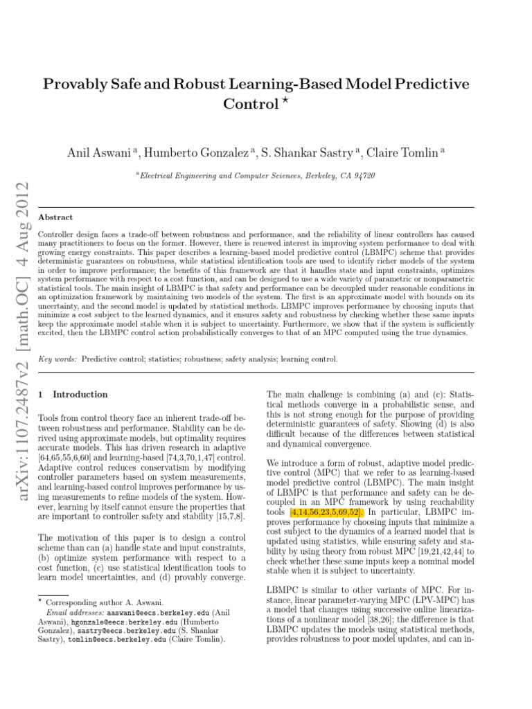Provably Safe and Robust Learning-BasedModel Predictive control | PDF | Mathematical ...