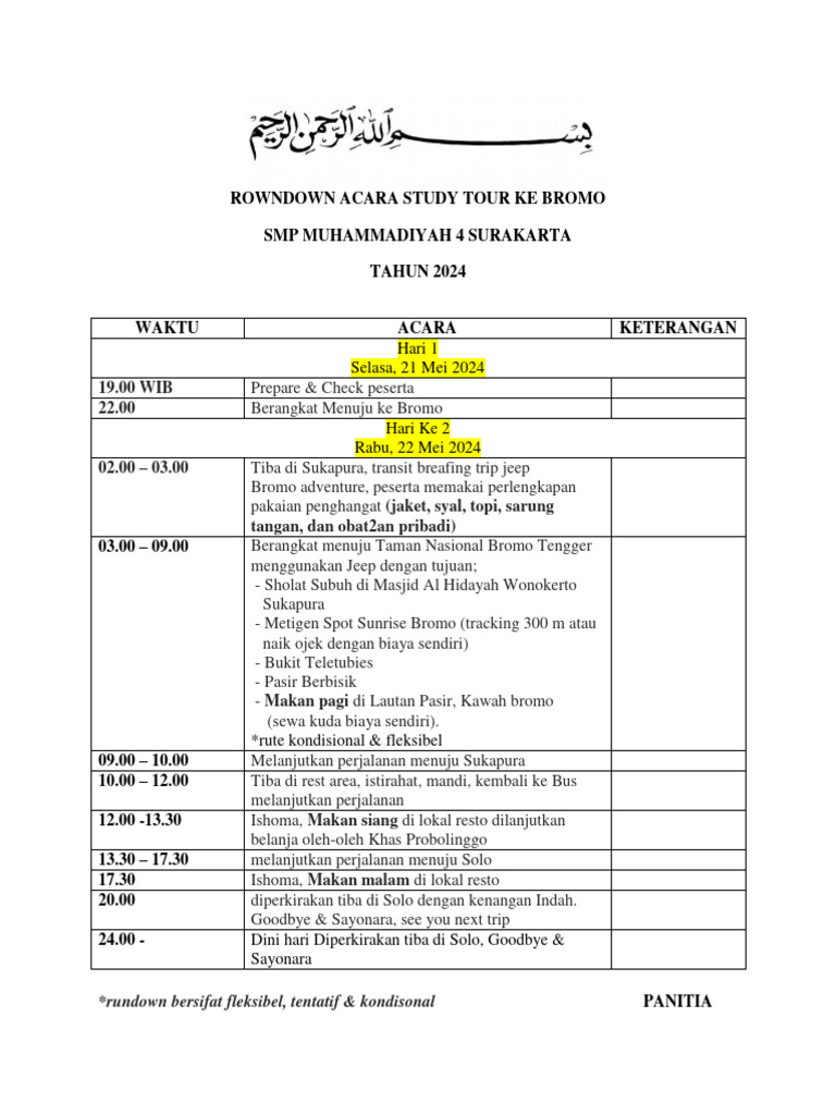 Rowndown Acara Study Tour Bromo 2024 | PDF