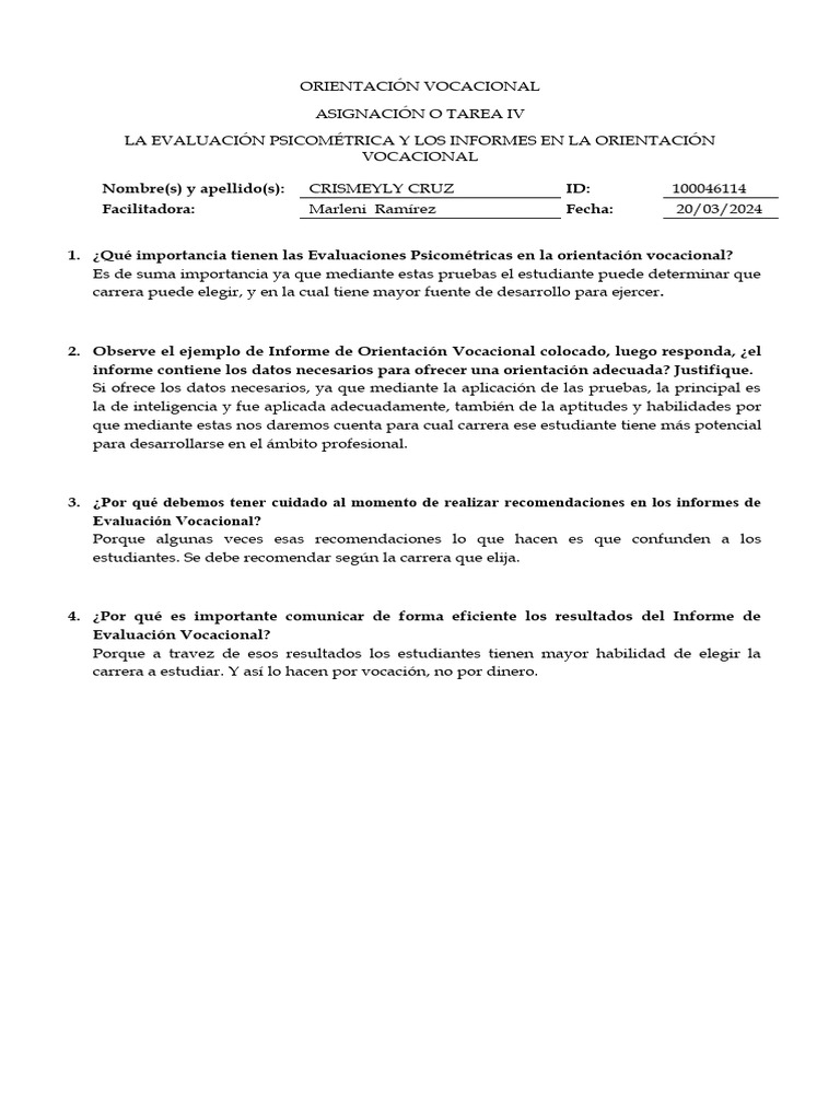 Tarea 5 La Evaluación Psicométrica y Los Informes en La Orientación Vocacional | PDF ...