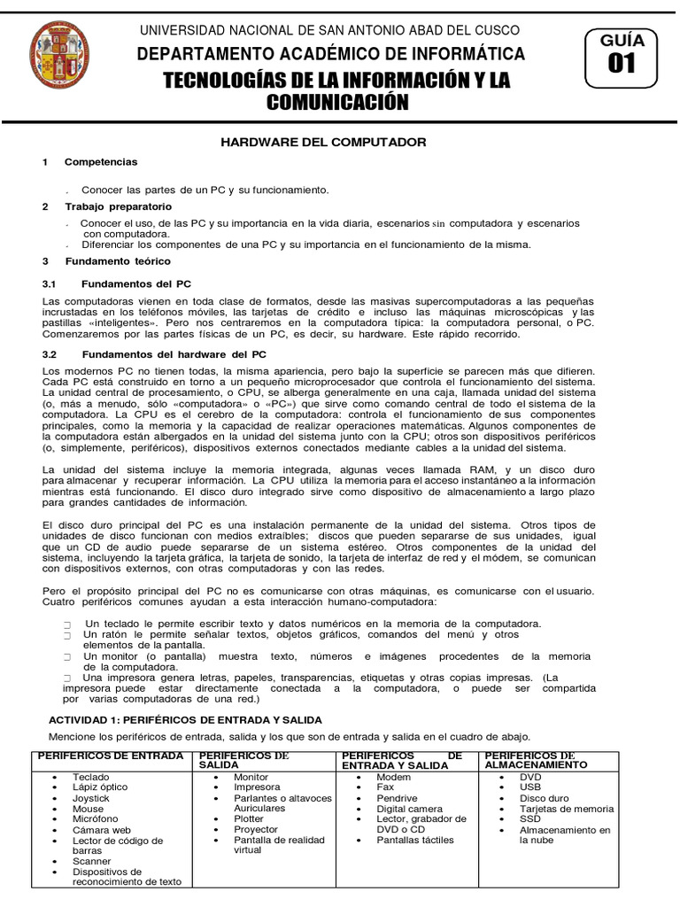 GUIA DE LABORATORIO #1 - TICS T | PDF | Periférico | Hardware de la computadora