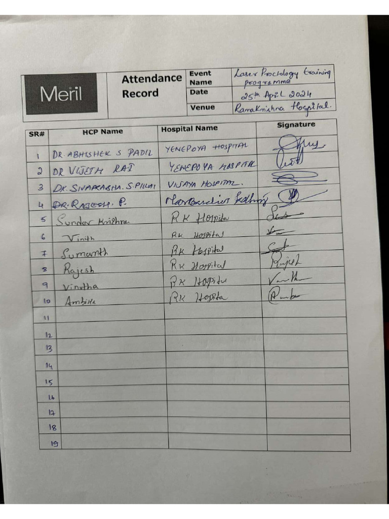 Attendance Sheet - Ramakrishna Hospital | PDF