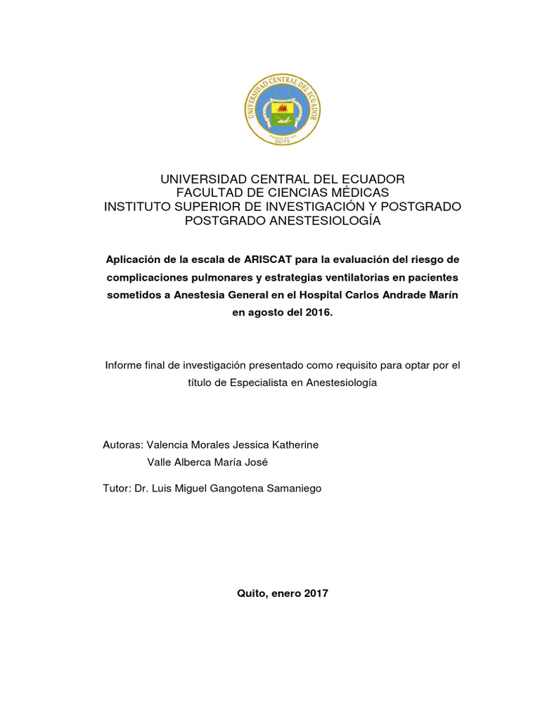 ESCALA ARISCAT | Descargar gratis PDF | Anestesia | Inflamación