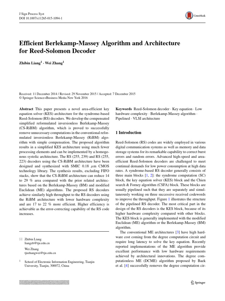 Efficient Berlekamp-Massey Algorithm and Architecture | PDF ...