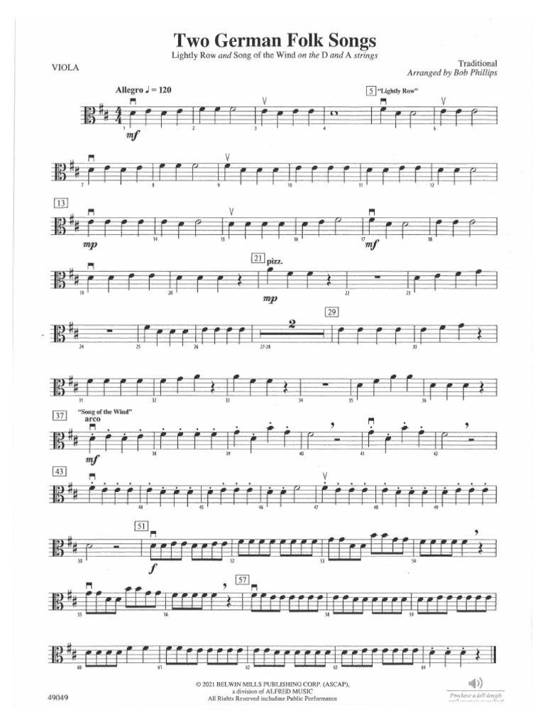 German Folk Songs for Viola: Lightly Row & Wind | PDF