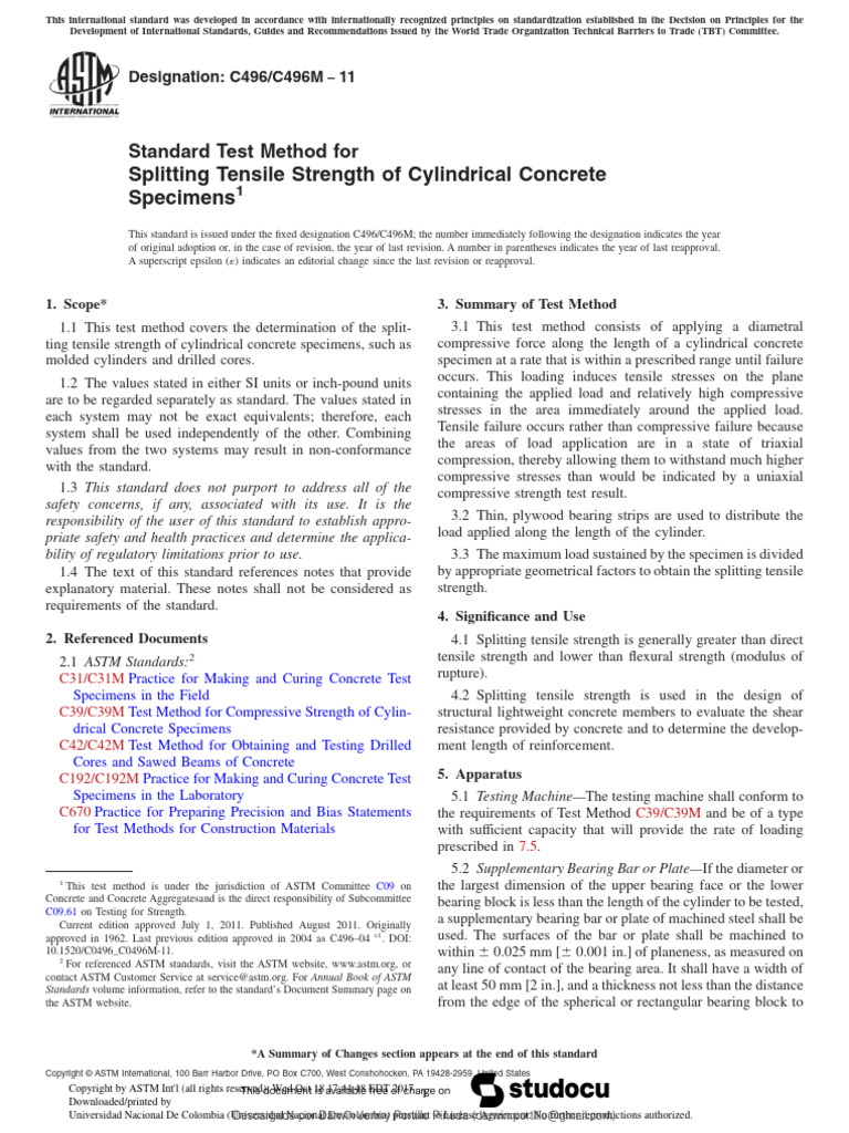 ASTM - C496 C496M - 11 Standard Test Method For Splitting Tensile ...