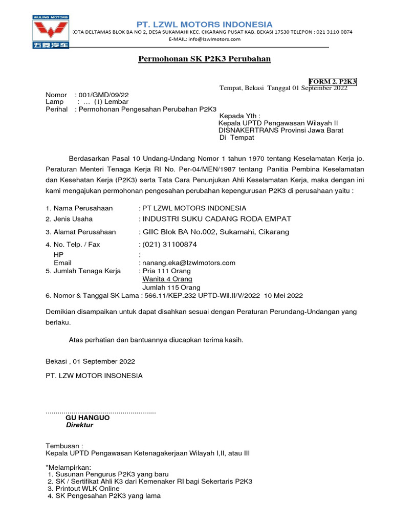 Surat - Permohonan - P2K3 922 | PDF