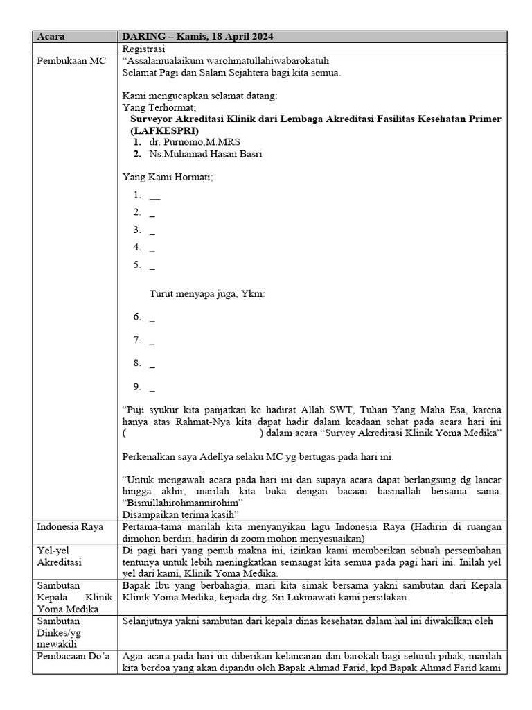Teks MC - Survey Akred Klinik Yoma Medika | PDF