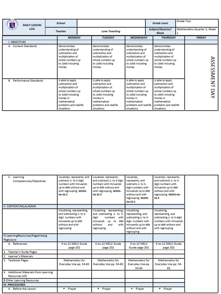 DLL Math-2 Q2 | PDF | Subtraction | Arithmetic
