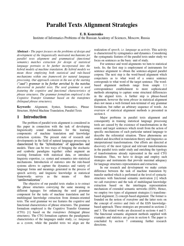 Parallel Texts Alignment Strategies | Download Free PDF | Linguistics | Parsing
