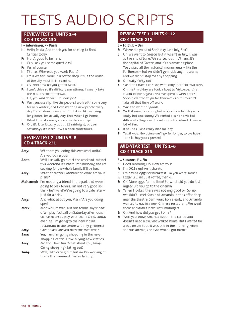 Outcomes Beginner Tests Audioscripts | PDF
