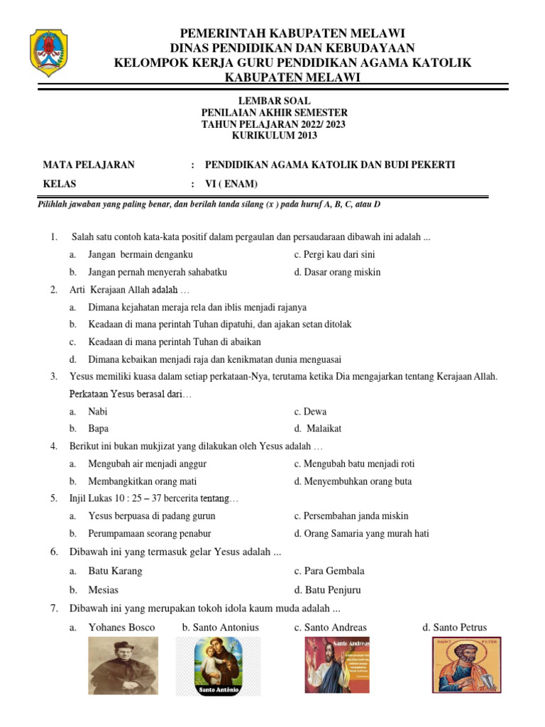 KKG Gabungan Soal PAS Kelas 6 PAK 2023, 19-04-2023 | PDF