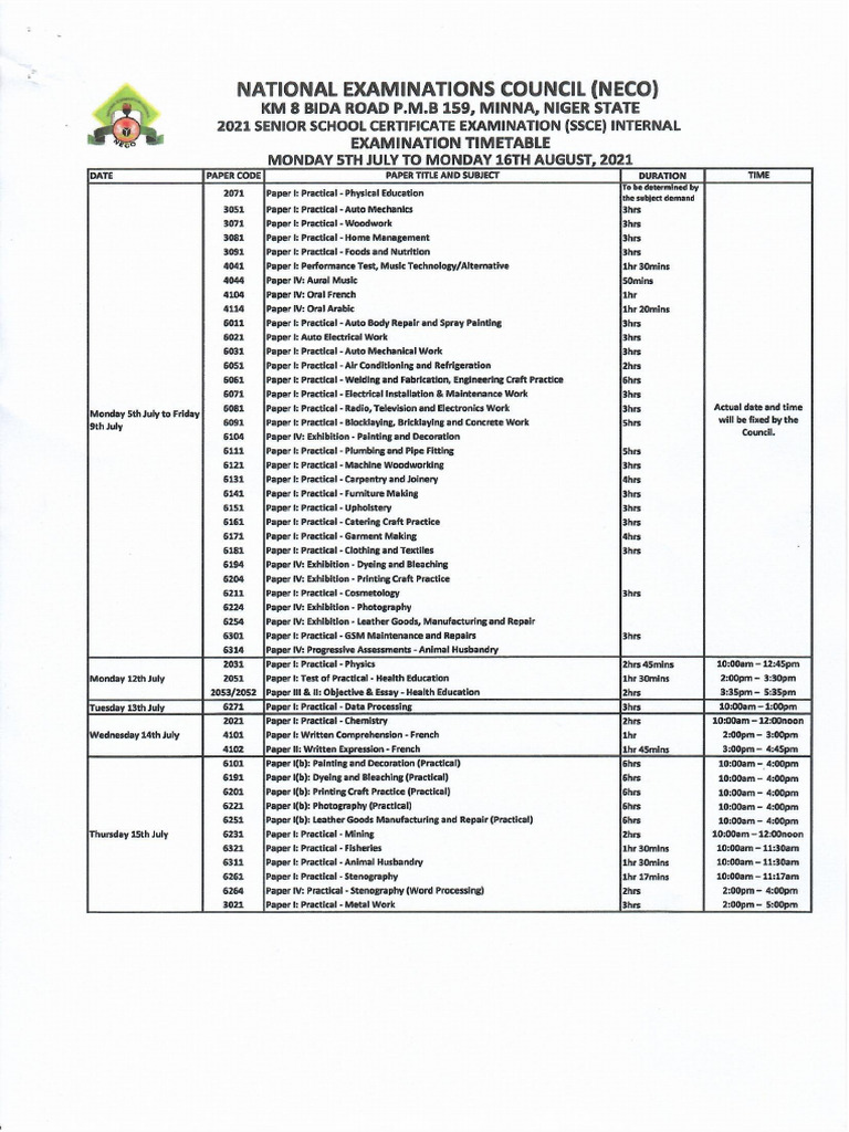 2021 Neco Ssce Internal Timetable | PDF