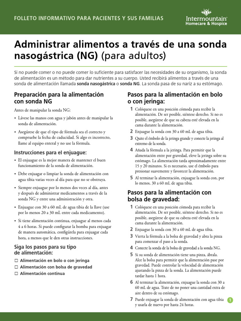 Giving A Feeding in An NG Tube (For Adults) Fact Sheet (Homecare Series ...