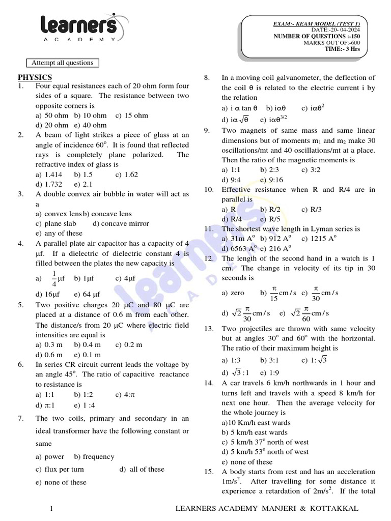 Keam Model (Test 1) 20-04-24 | PDF | Capacitor | Physical Sciences