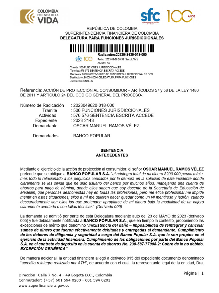 Exp 2023-2143 Sentencia 28-08-2023 | PDF | Bancos | Colombia