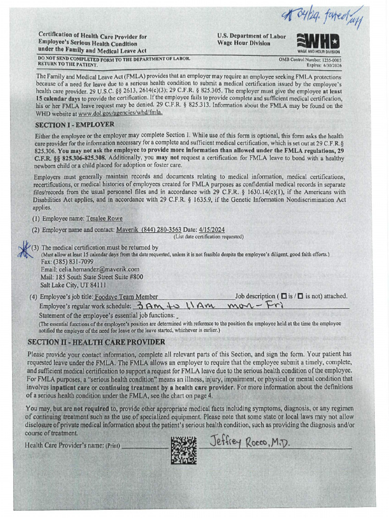 T. ROWE COMPLETED FMLA FORM | PDF