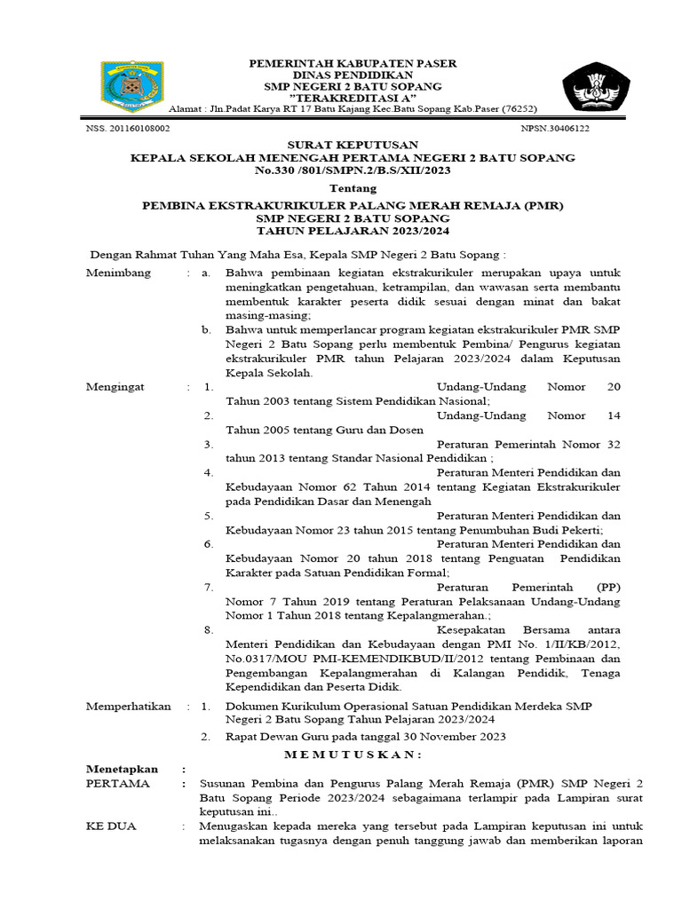 SK Ekskul PMR SMPN 2 BS 2023 | PDF