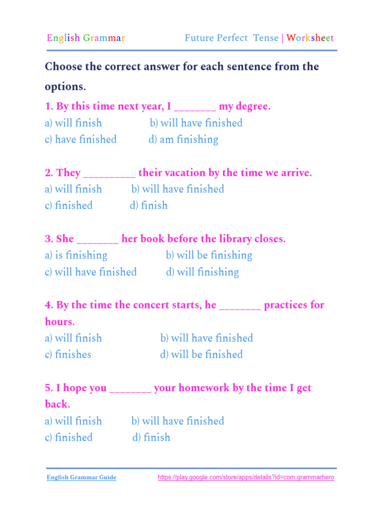 Future Perfect Tense Worksheet | PDF | Language Arts & Discipline ...
