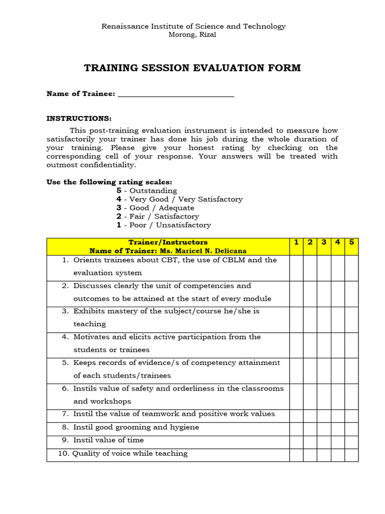 TRAINING SESSION EVALUATION FORM | Download Free PDF | Learning | Education Theory