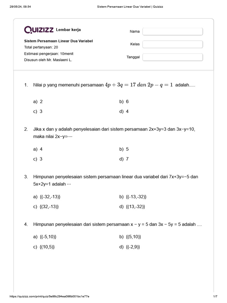 Sistem Persamaan Linear Dua Variabel - Quizizz | PDF