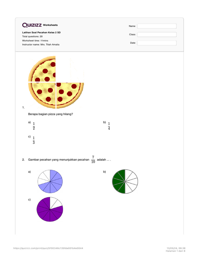 Latihan Soal Pecahan Kelas 2 SD - Quizizz | PDF
