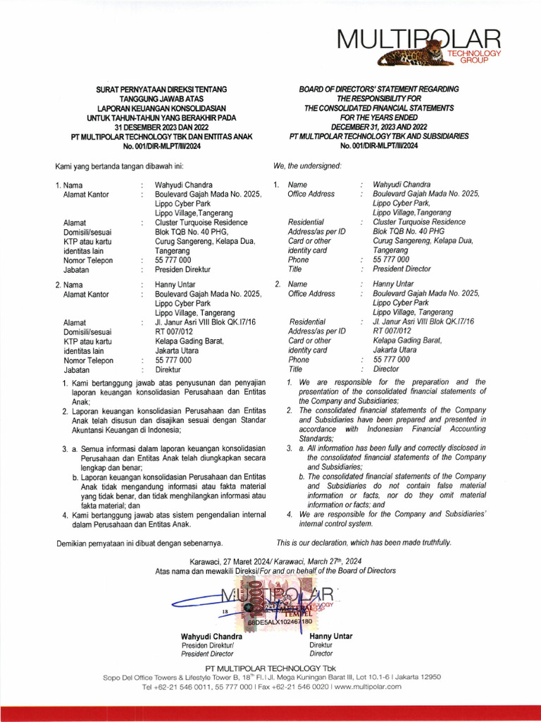 (2024) MLPT - SPDIR 001 - Lap Keuangan 001 PDF | PDF