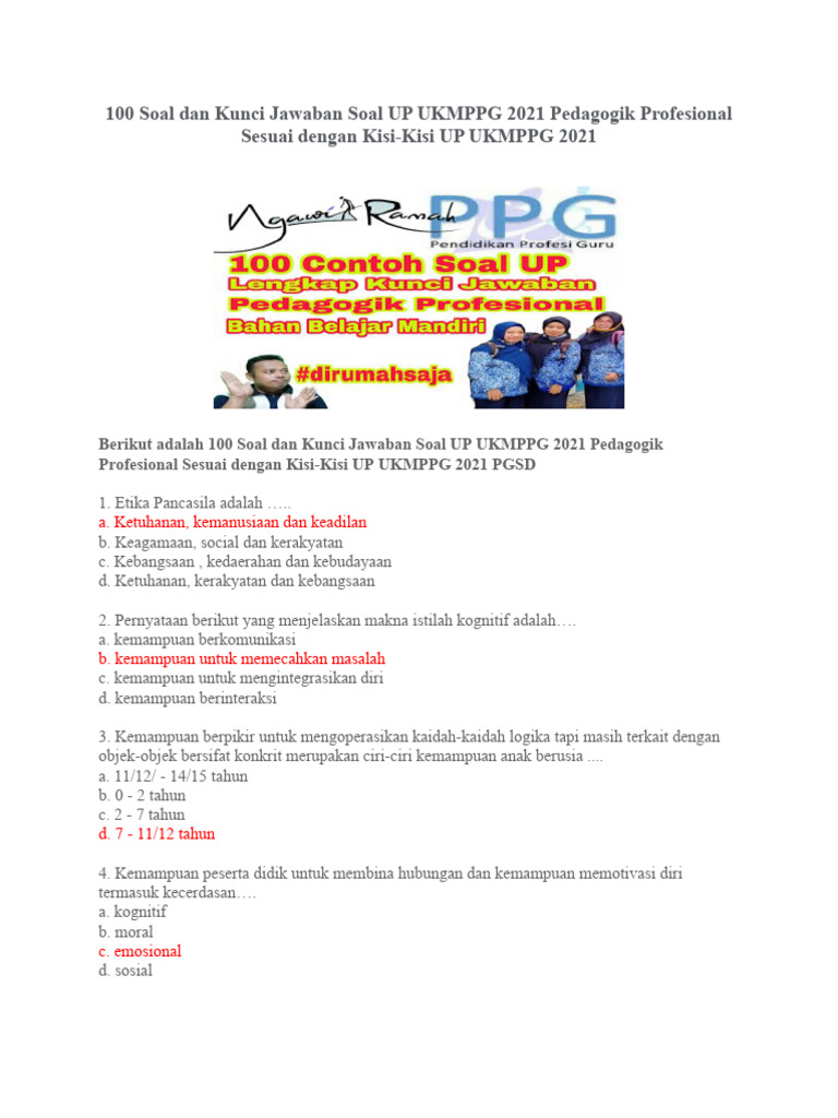 100 Soal Dan Kunci Jawaban Soal UP UKMPPG 2021 Pedagogik Profesional Sesuai Dengan Kisi | PDF ...