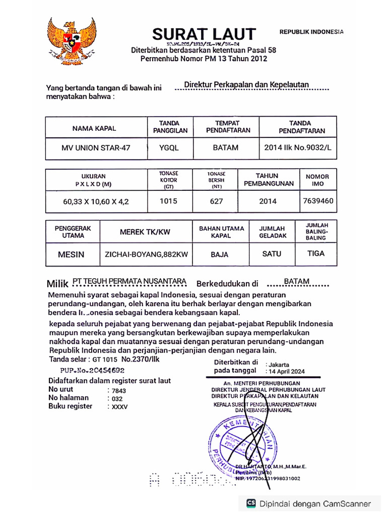 Surat Laut MV UNION | PDF