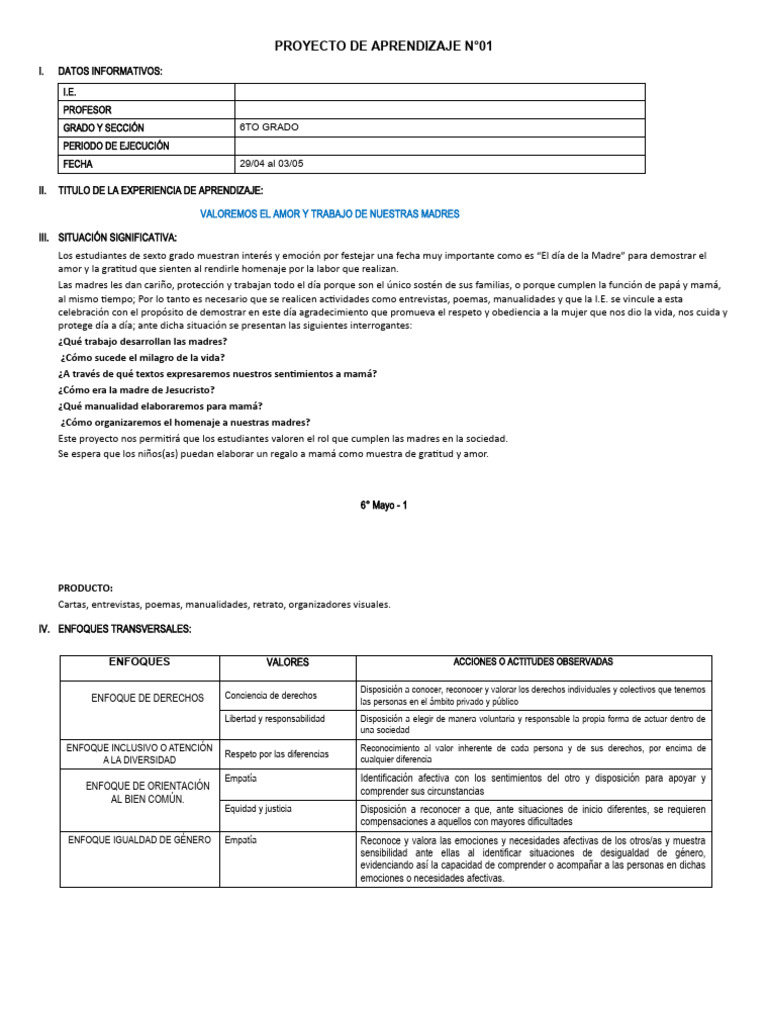 6° Grado - Proyecto de Aprendizaje N°01 | PDF | Números | Multiplicación