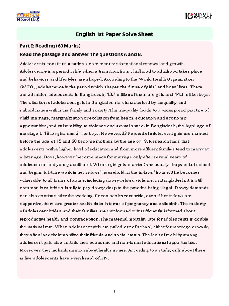 English 1st Paper Question Answer | PDF | Junk Food | Marriage