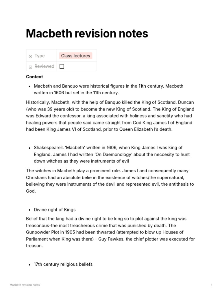 Macbeth Revision Notes | PDF | Macbeth | James Vi And I