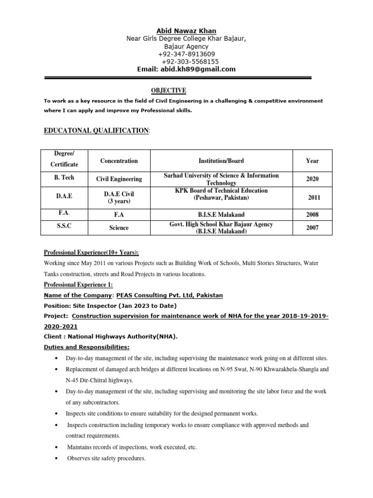 Abid Nawaz CV - 2024-1 | PDF | Consultant | Engineering